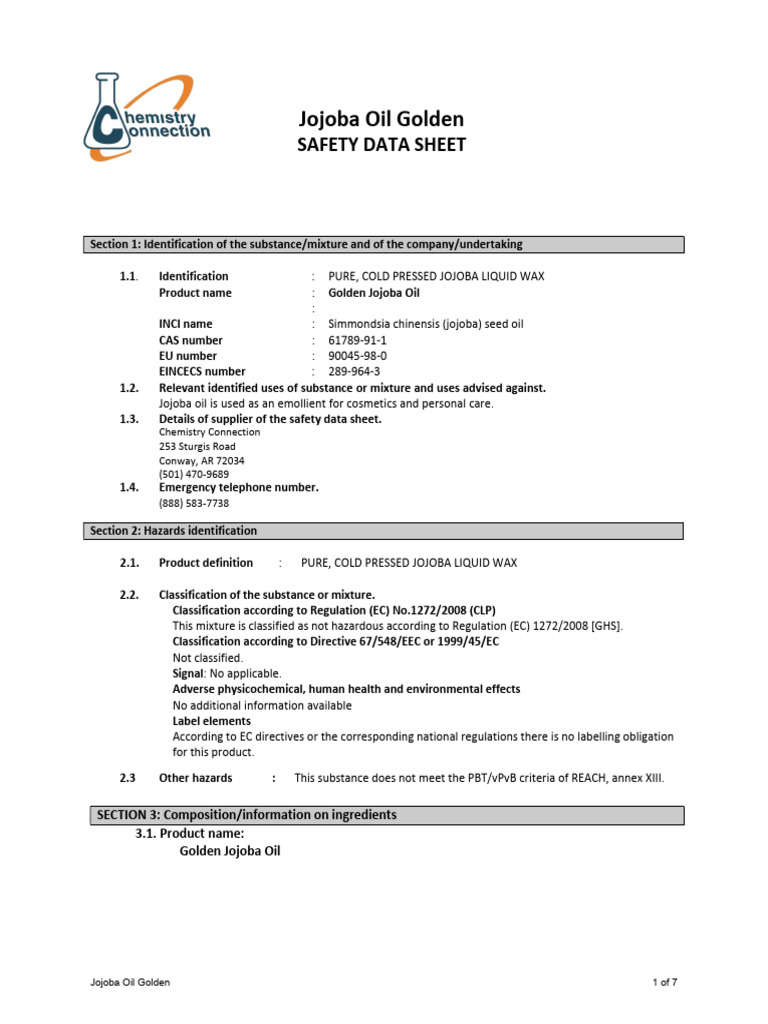 Jojoba Oil Golden SDS CC | PDF | Toxicity | Dangerous Goods