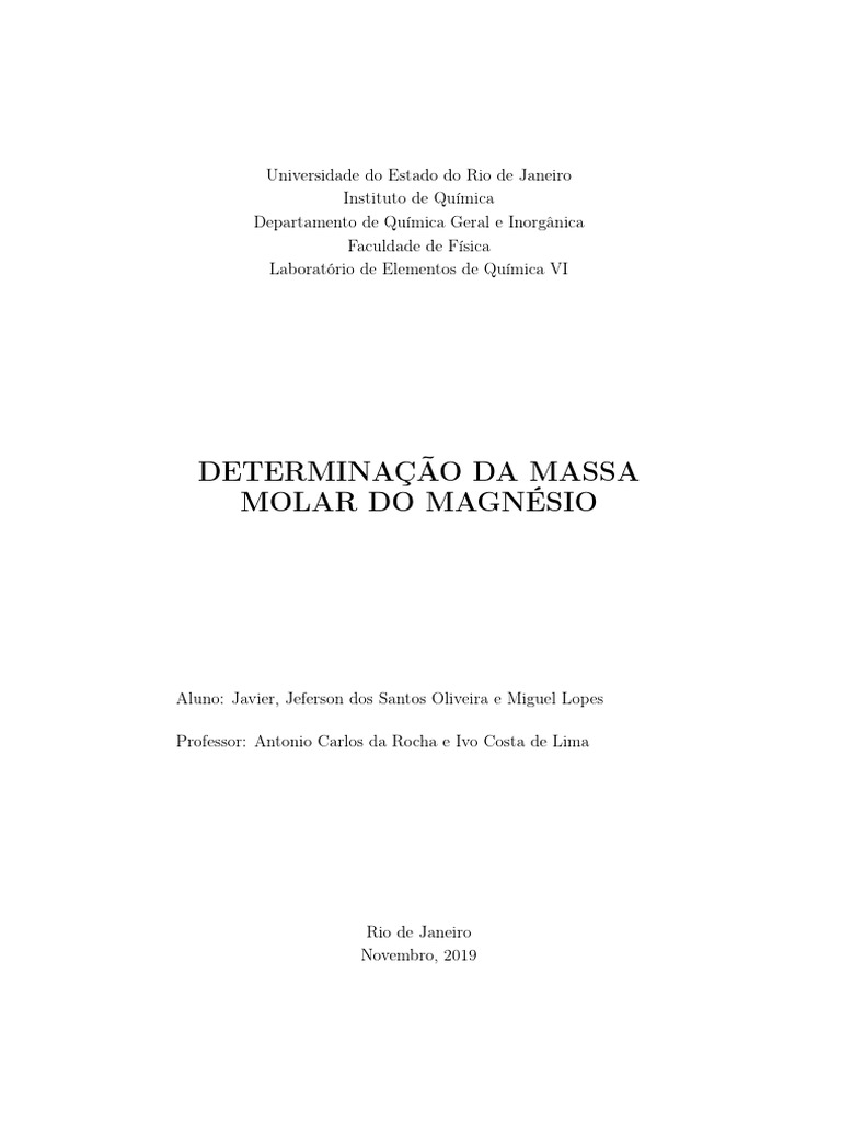 Massa Molar do Magnésio Determinada | PDF | Química | Massa