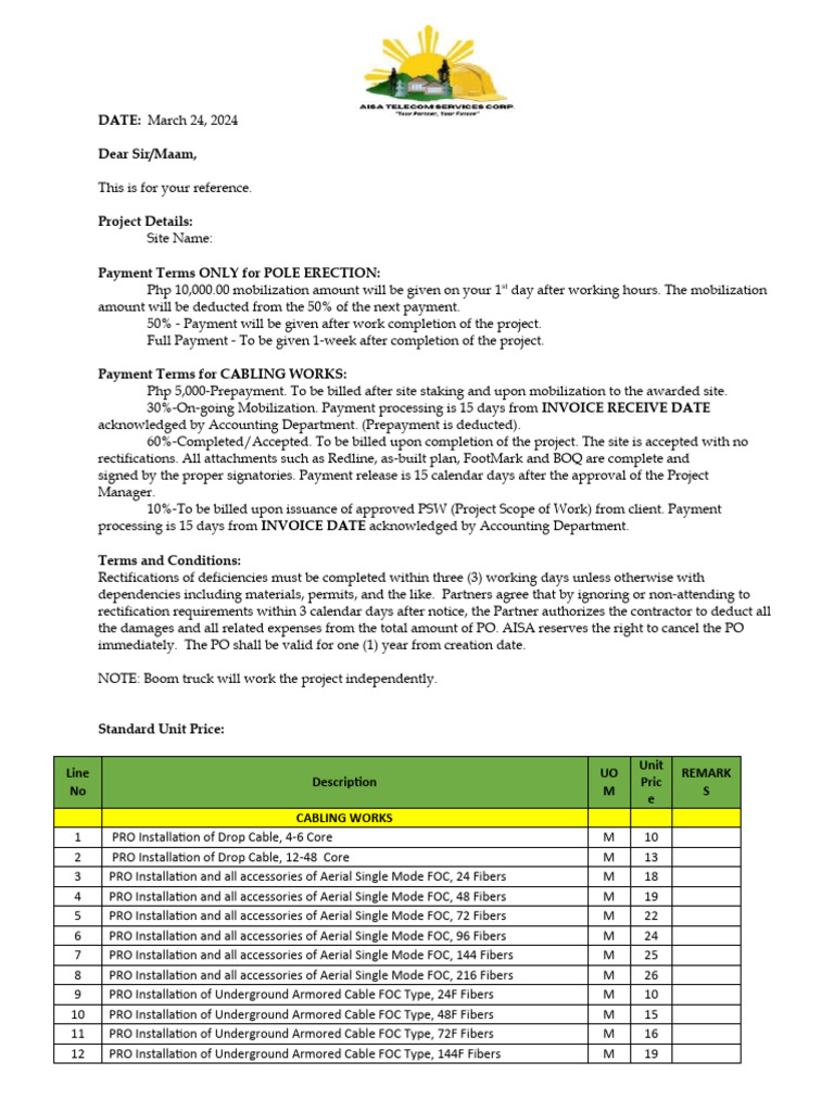 SUP For Subcon - Pole Erection | PDF | Payments