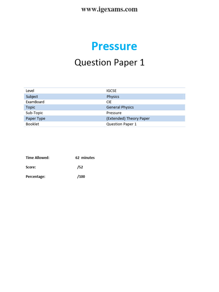 IGCSE Physics: Pressure Question Paper | PDF | Pressure | Atmosphere Of ...