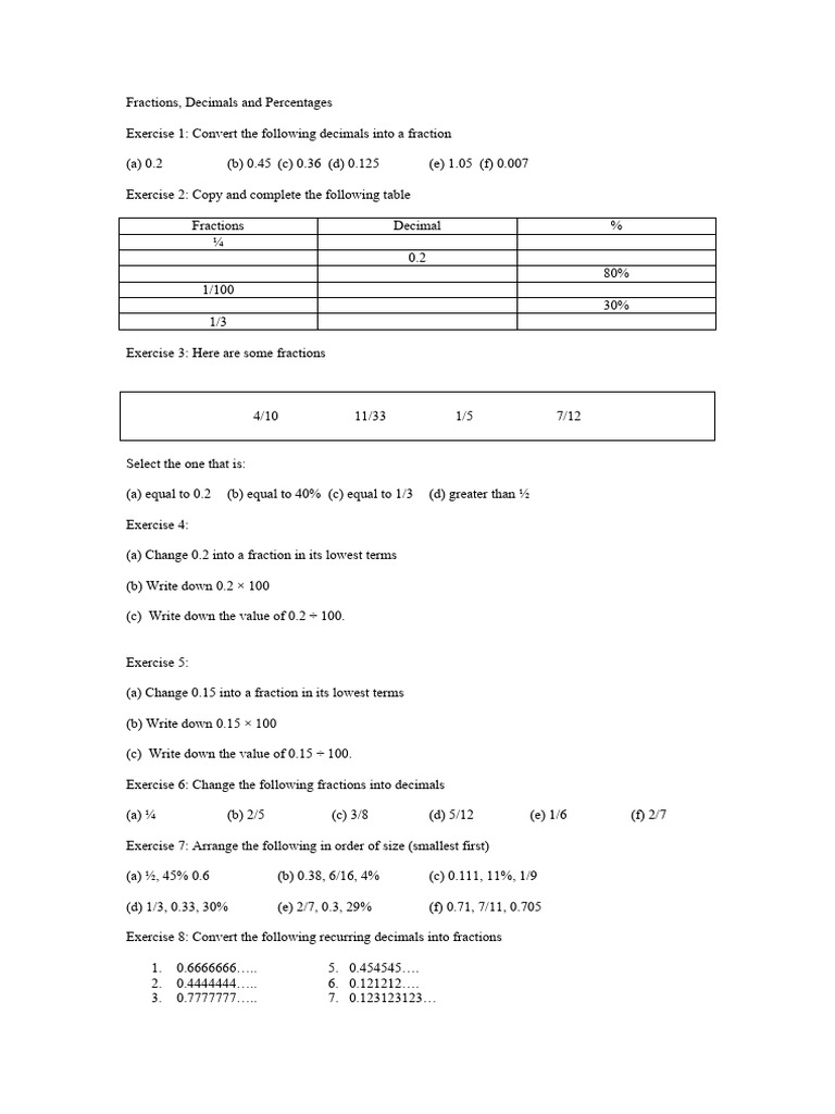 Fractions and Decimals Worksheet | PDF