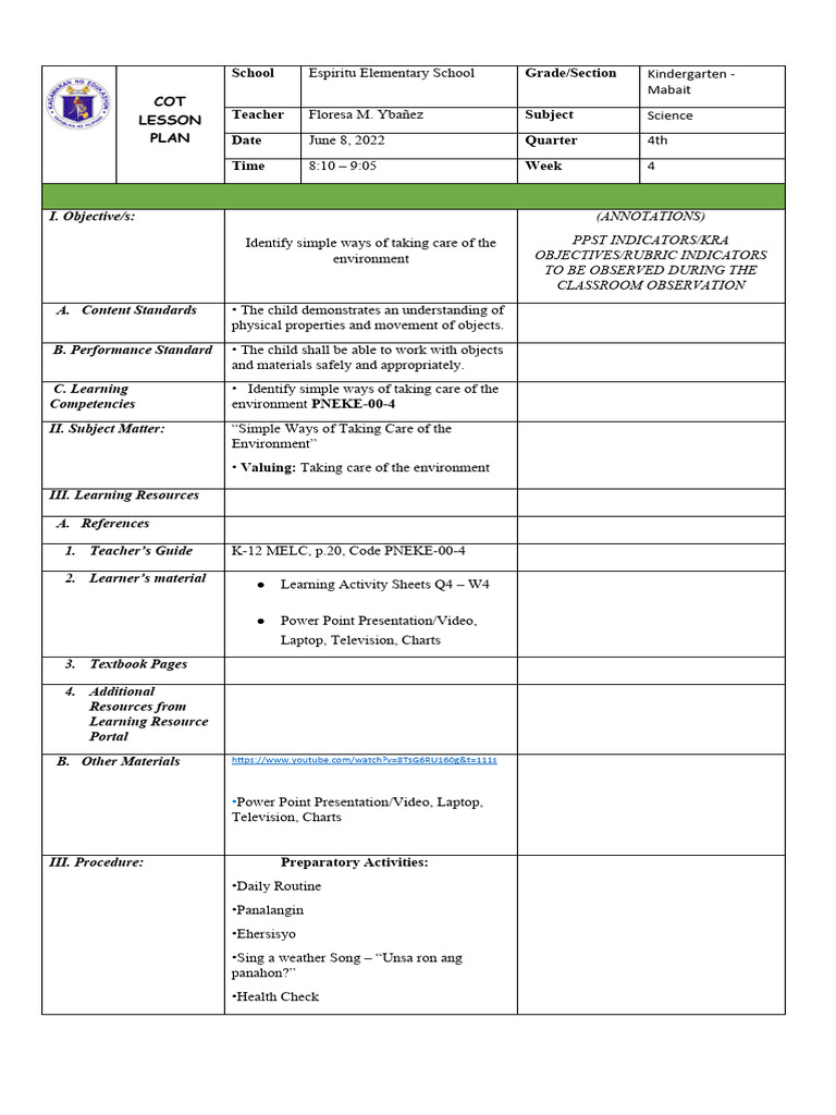 Science-COT Lesson Plan Sample-Simple Ways of Taking Care of ...