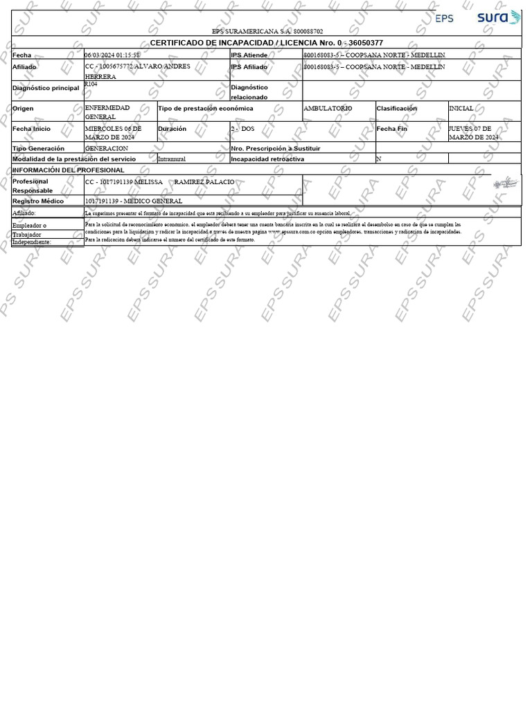 Certificado de Incapacidad / Licencia Nro. 0 - 36050377 | PDF