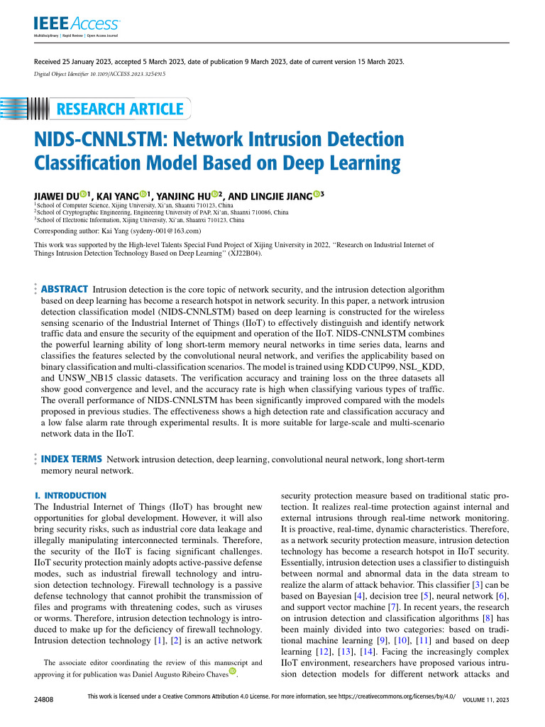 NIDS-CNNLSTM Network Intrusion Detection Classification Model Based On Deep Learning | PDF ...