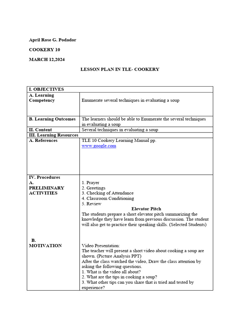 5TH Lesson Plan Final | Download Free PDF | Chicken Soup | Soup