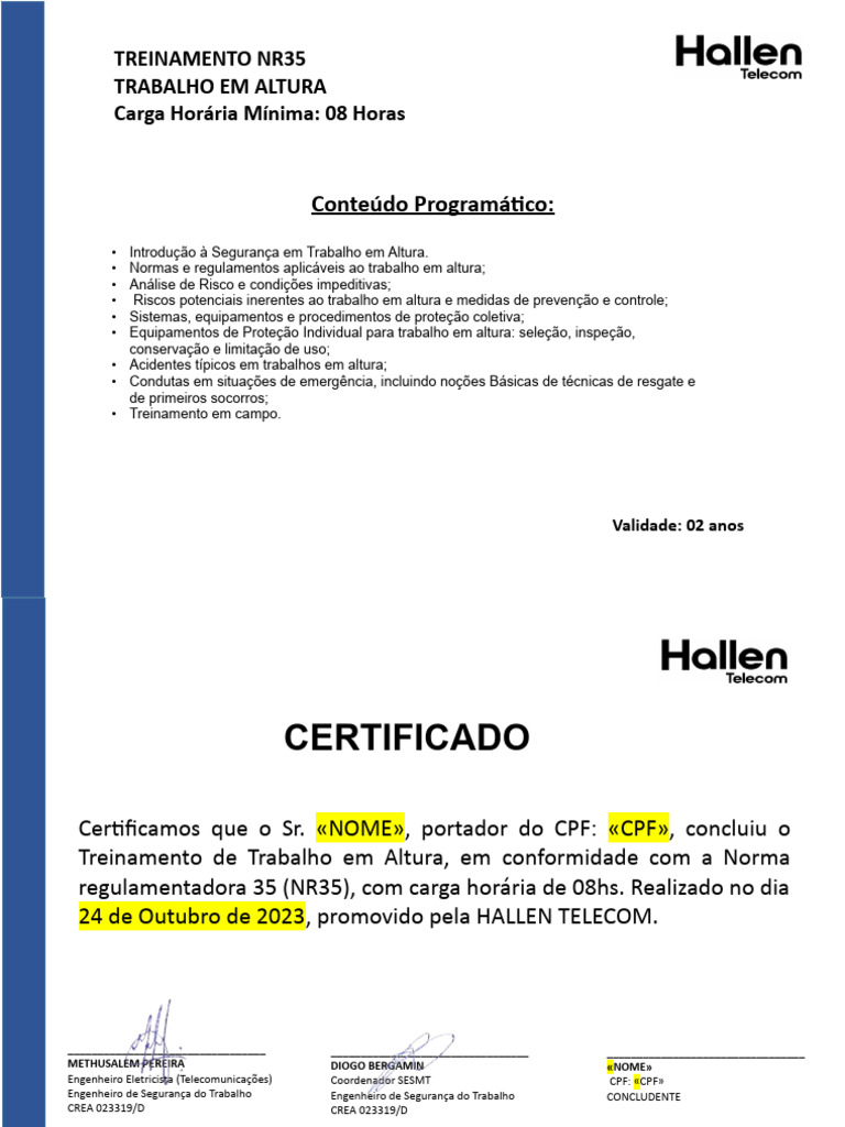 Certificado de Treinamento NR35 | PDF