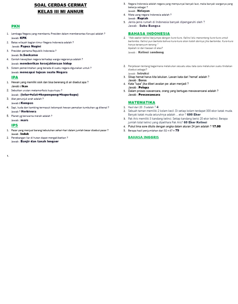 SOAL CERDAS CERMAT Kelas 3 Mi | PDF