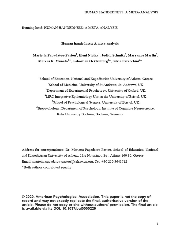 Left Handedness | PDF | Handedness | Meta Analysis