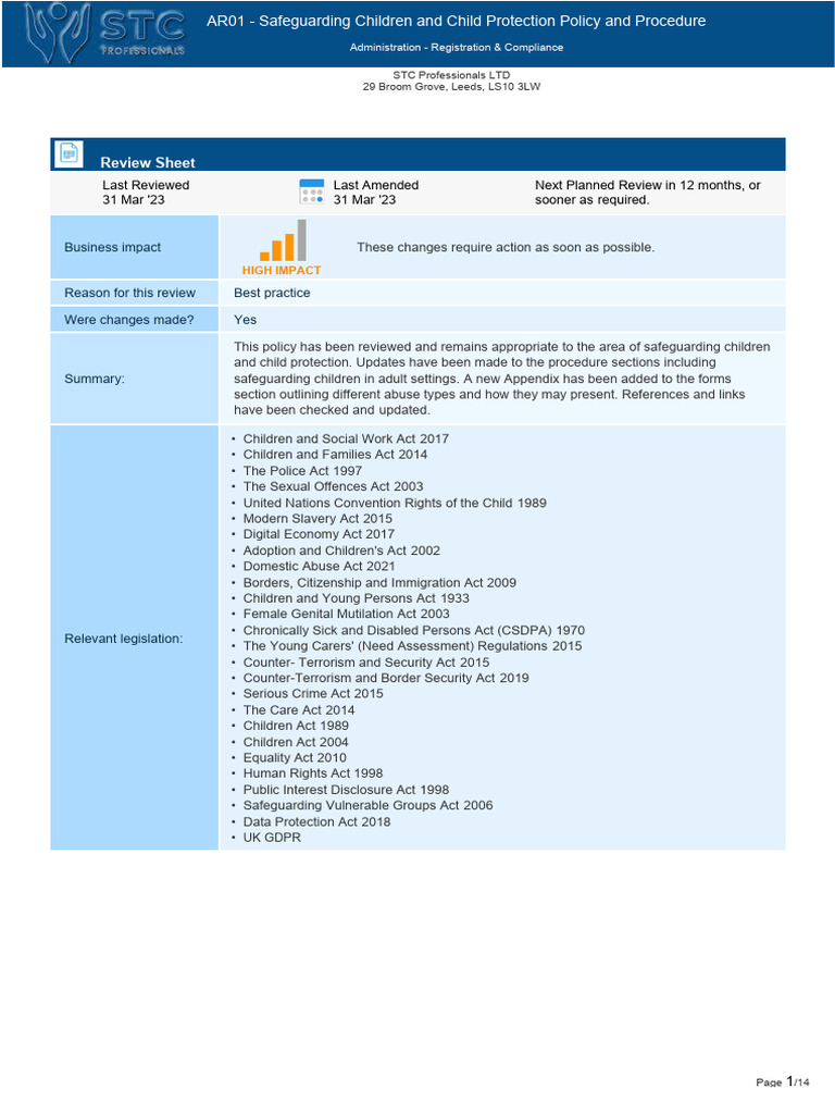AR01-Safeguarding Children and Child Protection Policy and Procedure | PDF | Child Abuse | Child ...