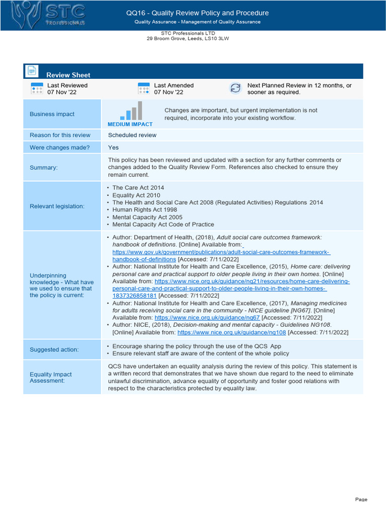 QQ16-Quality Review Policy and Procedure | PDF | Social Work | Policy