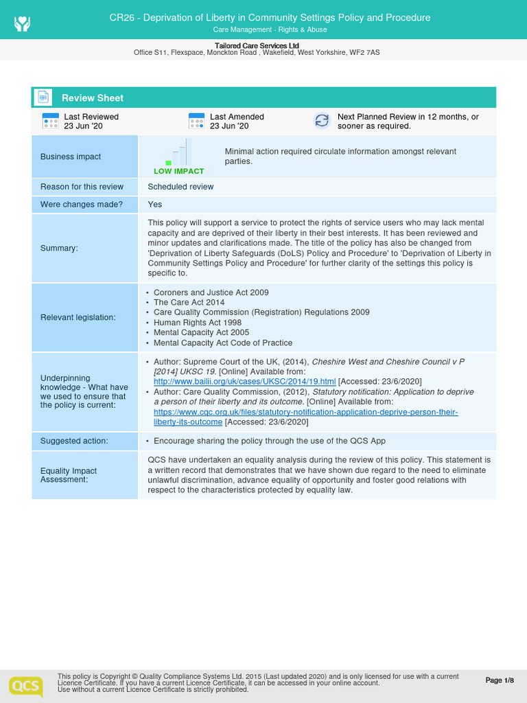 CR26-Deprivation of Liberty in Community Settings Policy and Procedure | Download Free PDF ...