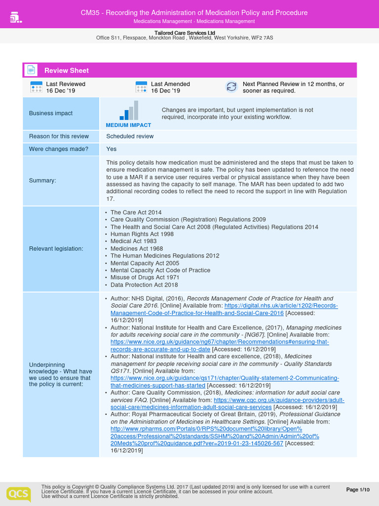 CM35-Recording The Administration of Medication Policy and Procedure ...