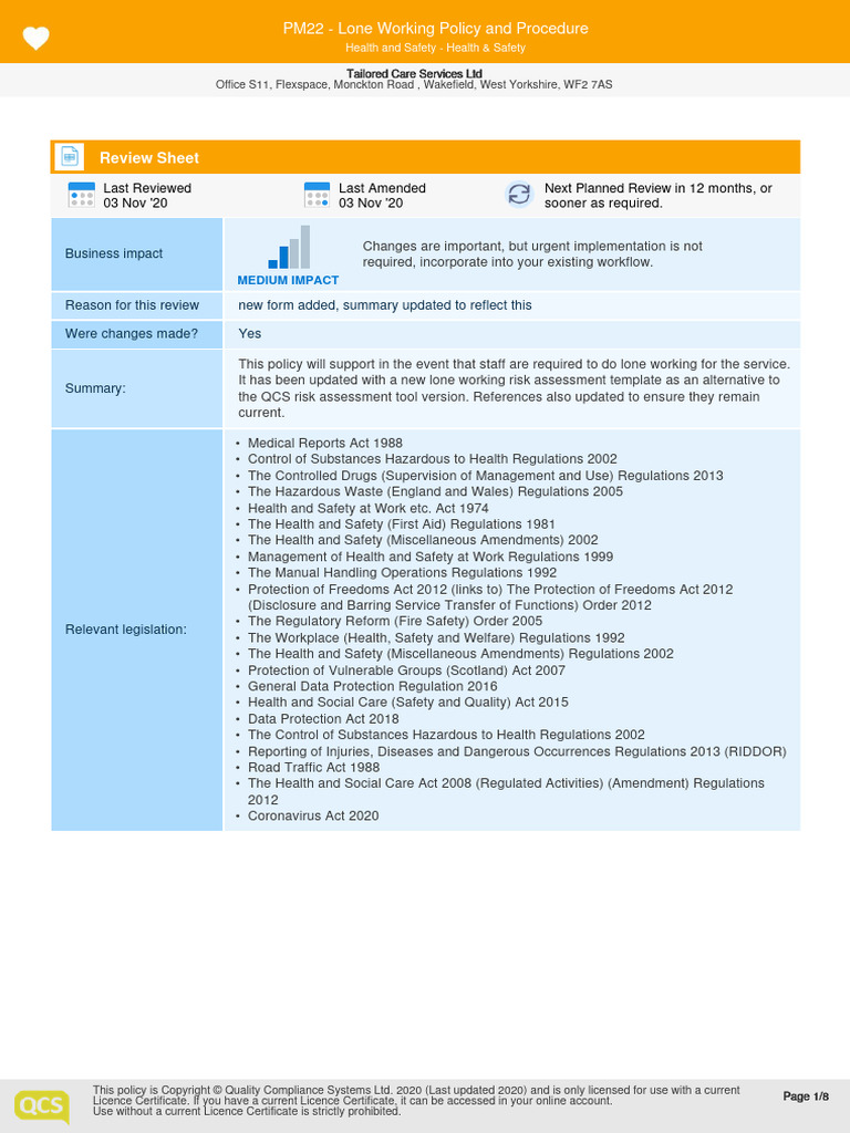 PM22-Lone Working Policy and Procedure | PDF | Occupational Safety And ...