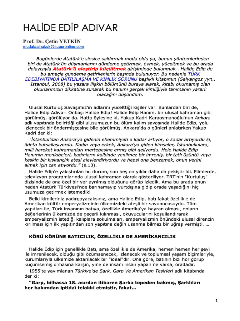 HALİDE EDİP ADIVAR. Prof. Dr. Çetin YETKİN | PDF