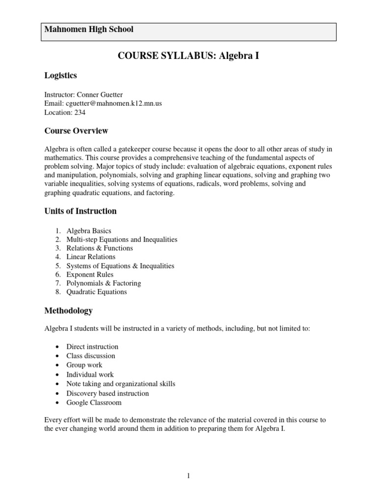 Algebra I Syllabus | PDF | Equations | Algebra