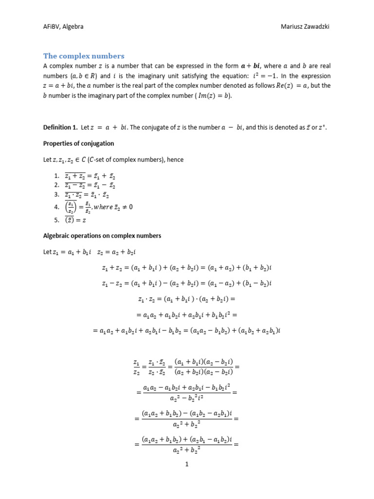 Algebra Complex Numbers 1 | PDF | Complex Number | Numbers