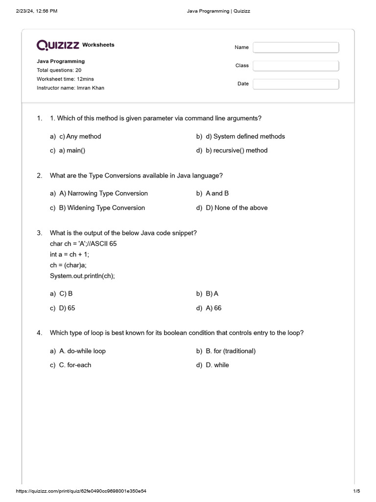 UNIT Java Programming - Quizizz | PDF | Integer (Computer Science) | String (Computer Science)