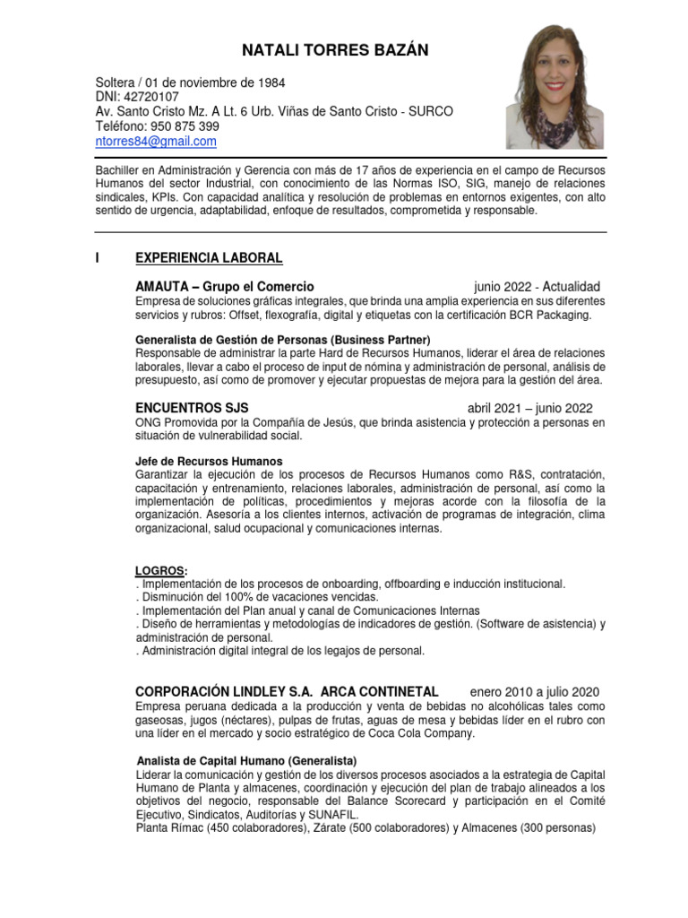 CV - Natali Torres Bazán | PDF | Gestión de recursos humanos | Business CV - Natali Torres Bazán | PDF | Gestión de recursos humanos | Business