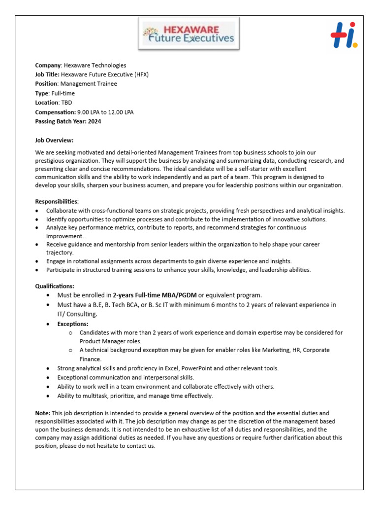 HFX Job Description 2024 Hexaware Technologies | PDF | Leadership | Master Of Business ...