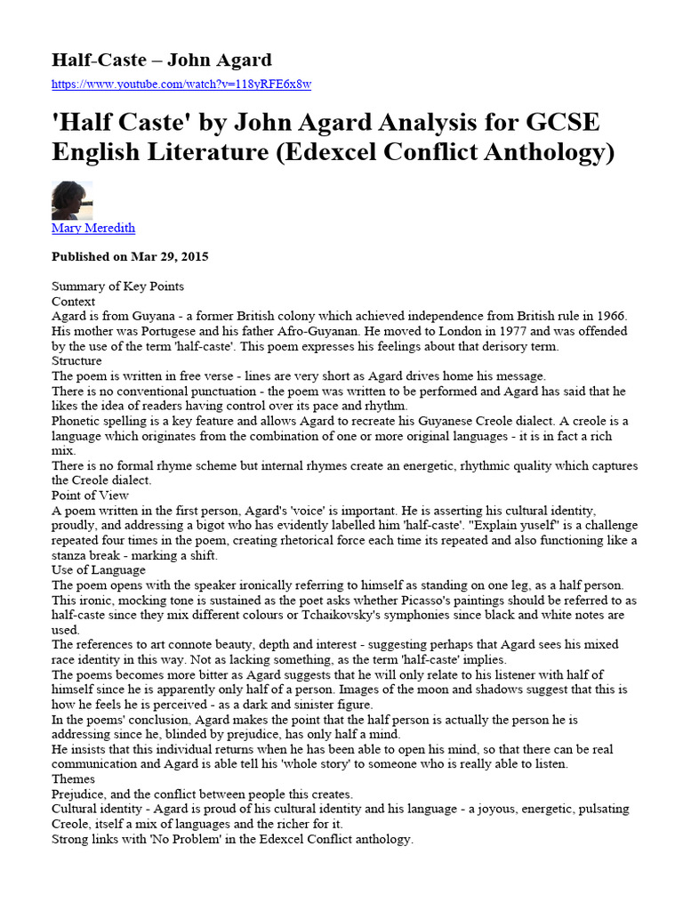 GCSE Analysis: Agard's 'Half-Caste' | PDF | Poetry