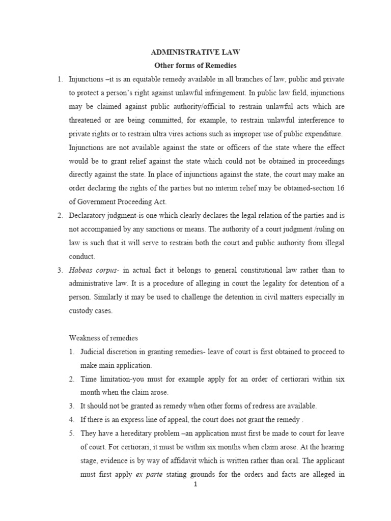 Administrative Law Remedies Explained | PDF | Legal Remedy | Injunction