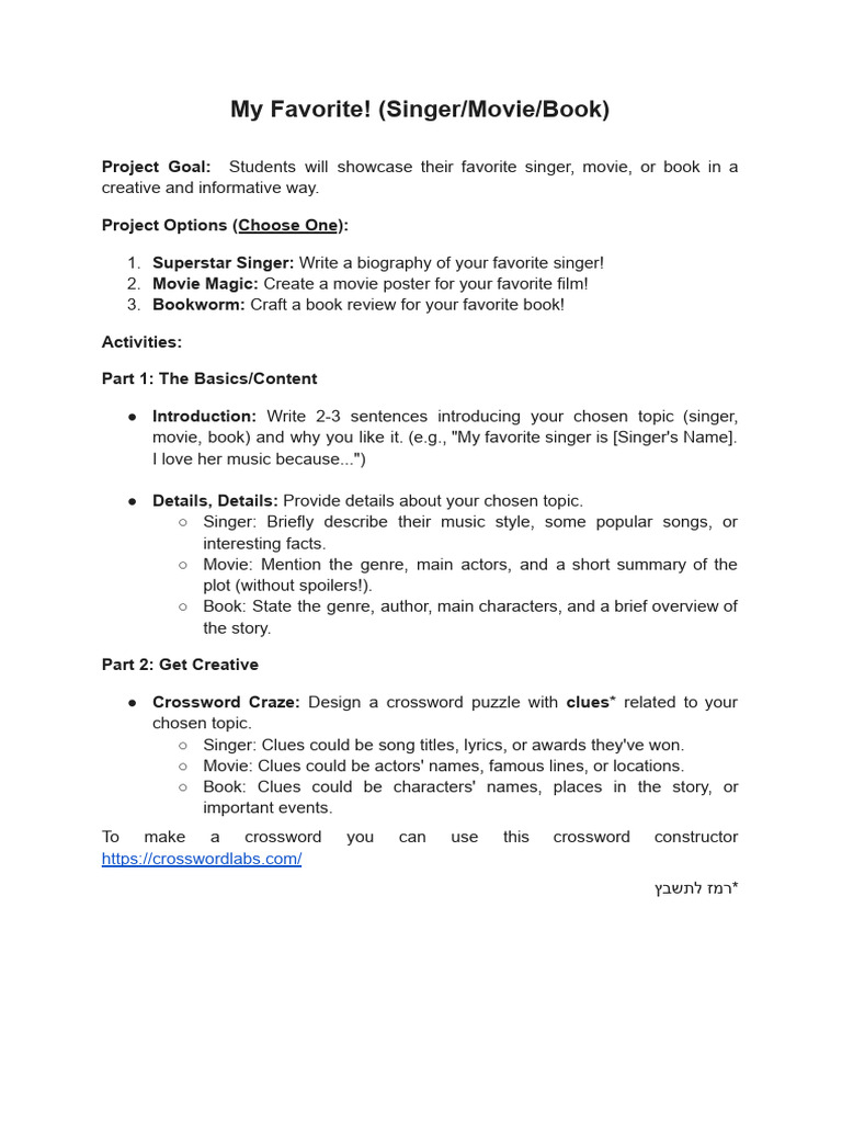 ESL Project - My Favourite | PDF | Crossword | Grammar