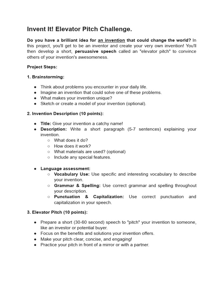 ESL Project - Elevator Pitch, Invention | PDF | Invention | Human ...