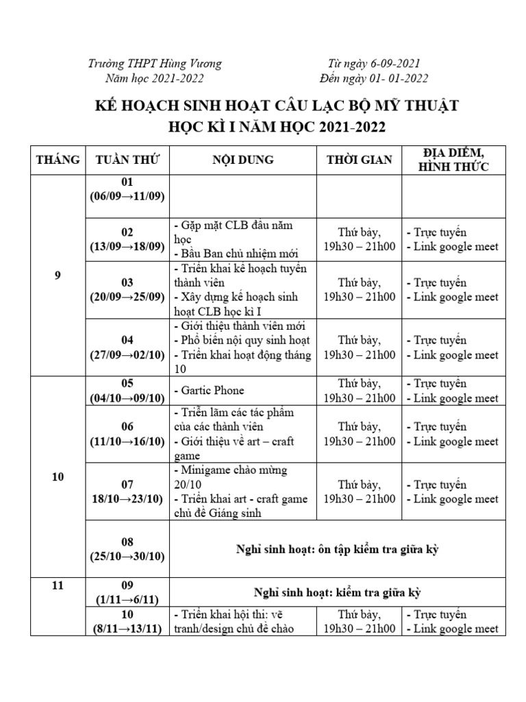 KH Sinh Hoat CLB My Thuat Hoc Ki I Nam Hoc 2021 2022 610202115 | PDF