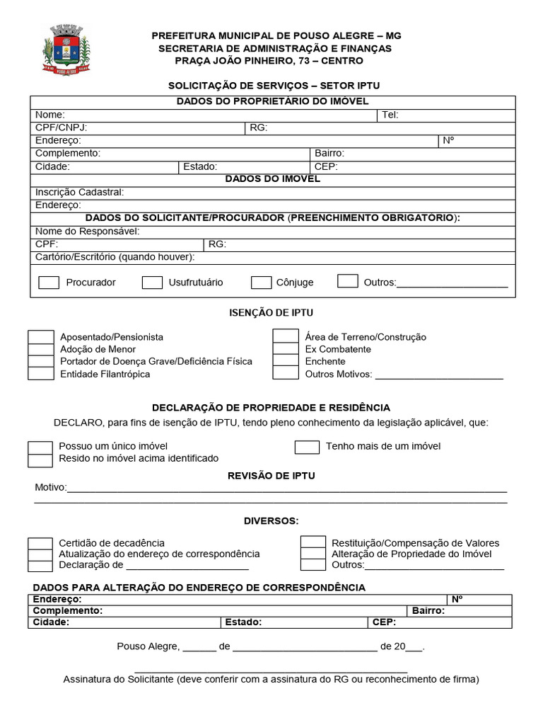 Solicitação de Isenção e Revisão de IPTU | PDF | Propriedade privada