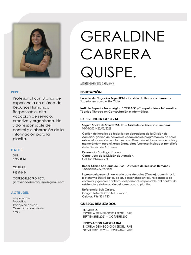 Geraldine Cabrera Quispe - CV | PDF | Gestión de recursos humanos | Economias