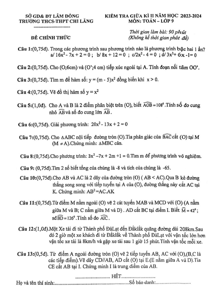 De Giua Ki 2 Toan 9 Nam 2023 2024 Truong Thcs THPT Chi Lang Lam Dong | PDF