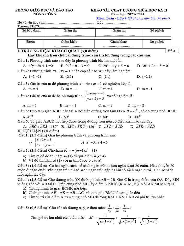 De Giua Hoc Ky 2 Toan 9 Nam 2023 2024 Phong GDDT Nong Cong Thanh Hoa | PDF