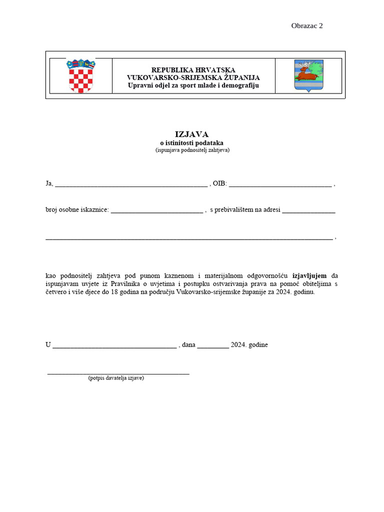 Izjava o Istinitosti Podataka Obrazac 2 | PDF