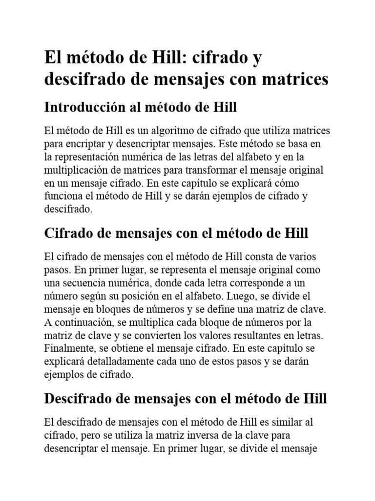 Resumen - El Método de Hill - Cifrado y Descifrado de Mensajes Con Matrices | PDF