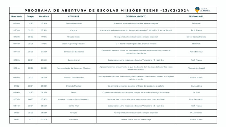 Programa de Abertura Escola de Missões Teens 2024 | PDF