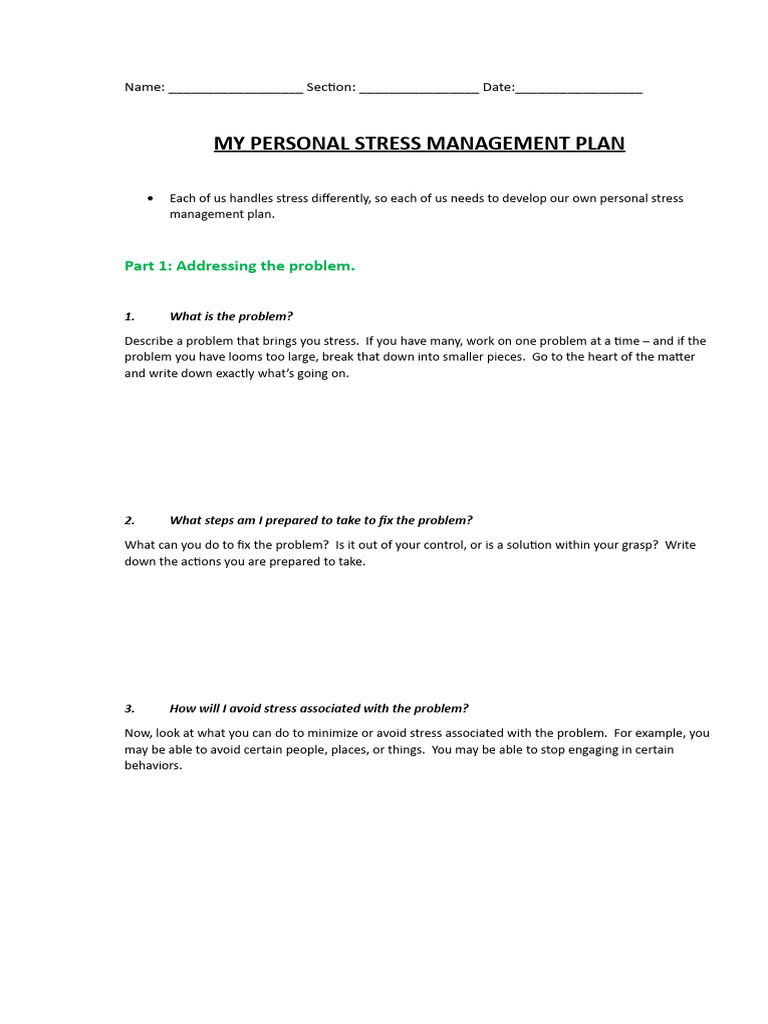 My Personal Stress Management Plan | PDF | Social Psychology | Emotions