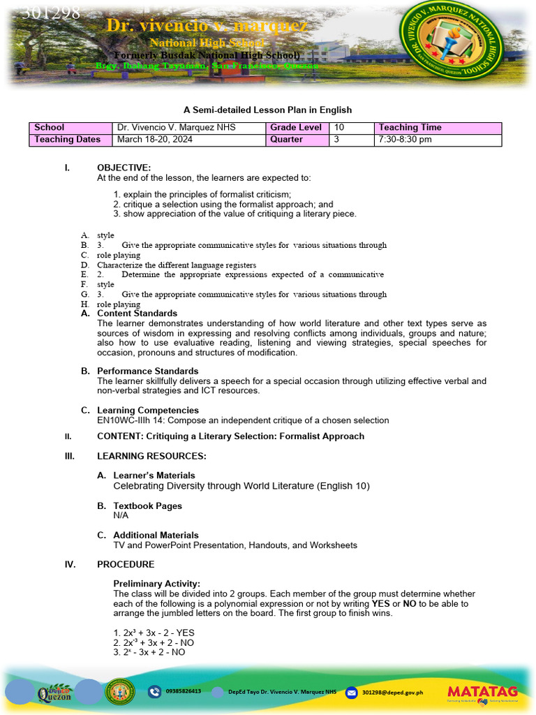 Grade 10 Demo LP | PDF | Narration | Human Communication