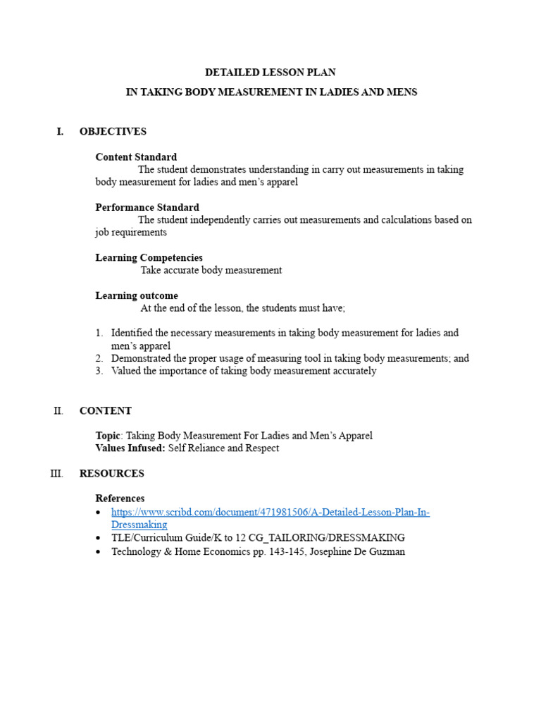 Detailed Lesson Plan in Taking Body Measurements | PDF | Skirt | Waist