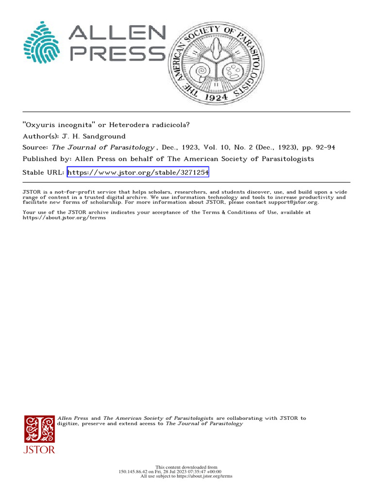 Sandground OxyurisincognitaHeterodera 1923 | PDF | Parasitology