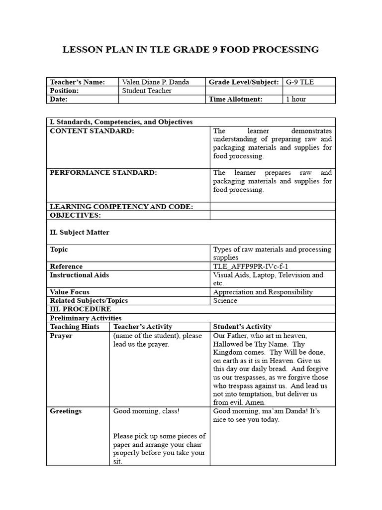 Grade 9 TLE Food Processing Lesson Plan | PDF