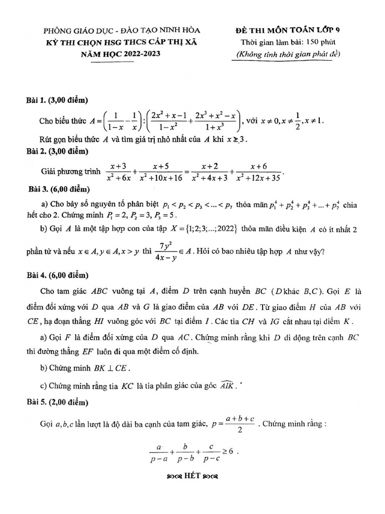 De Thi HSG Toan 9 Cap Thi Xa Nam 2022 2023 Phong GDDT Ninh Hoa Khanh Hoa | PDF