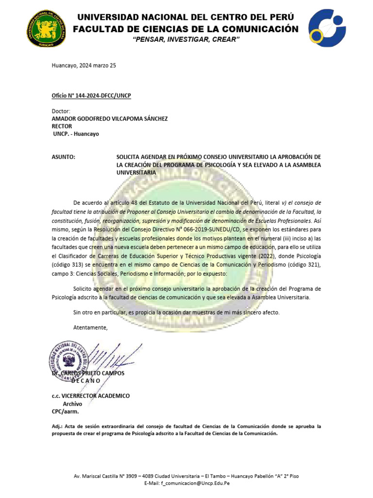 Oficio 144 - Rector Aprob. Psicologia | Descargar gratis PDF | Sicología | Salud mental