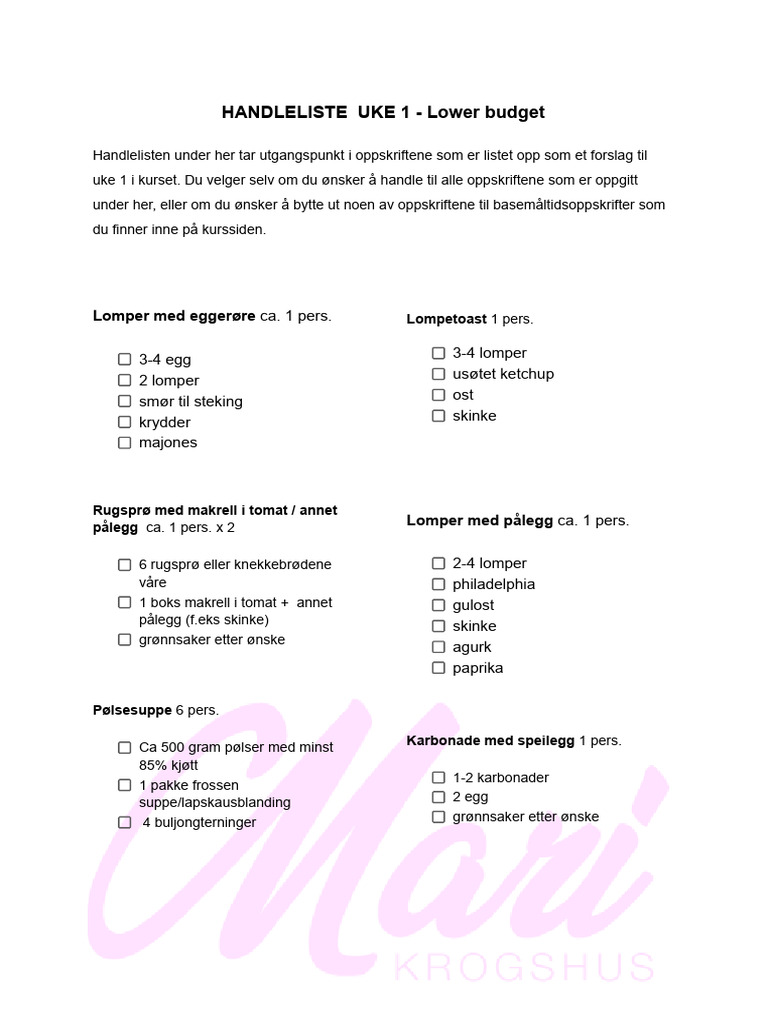 Handleliste Uke 1 - Lower Budget | PDF