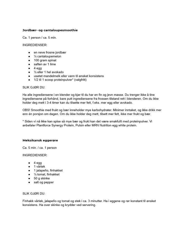 Oppskrifter FATBURN Uke 1 | PDF