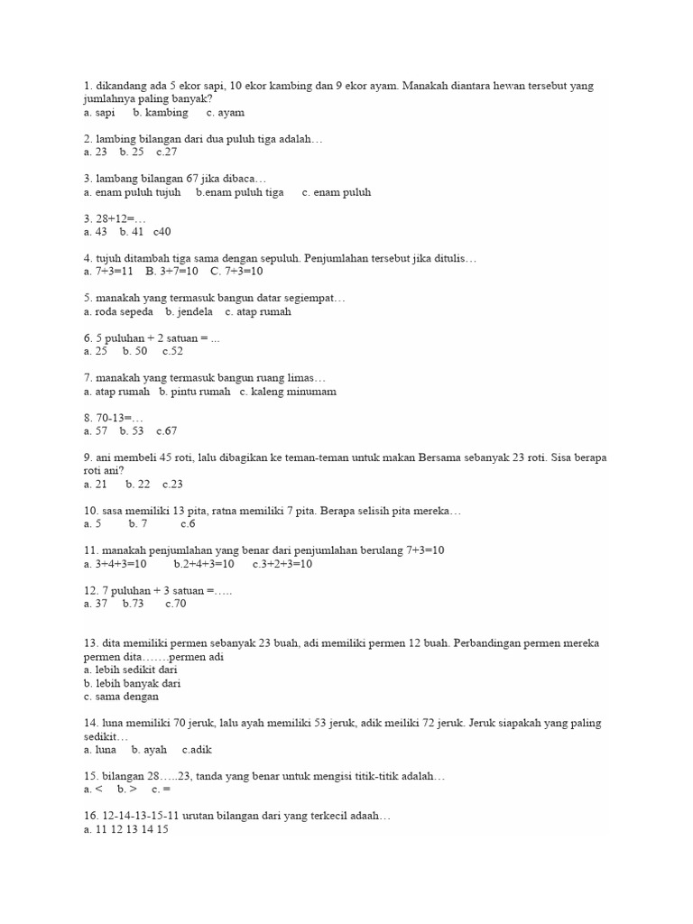 Soal Latihan Matematika Kelas 1 SD | PDF