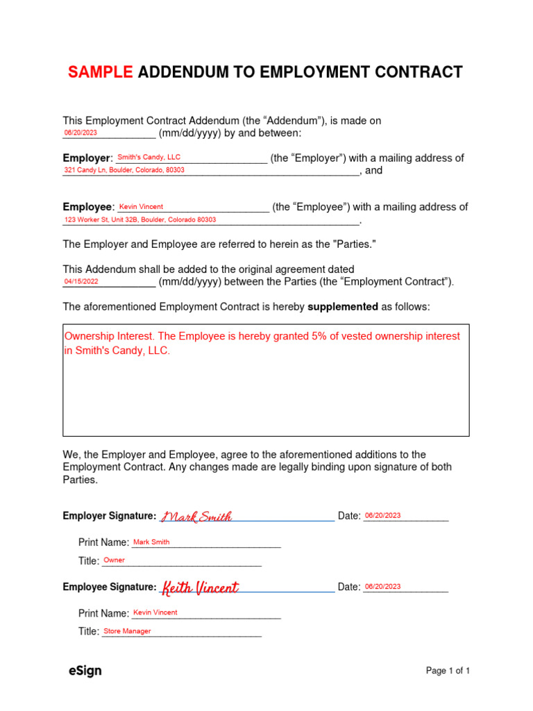 SAMPLE Employment Contract Addendum | PDF