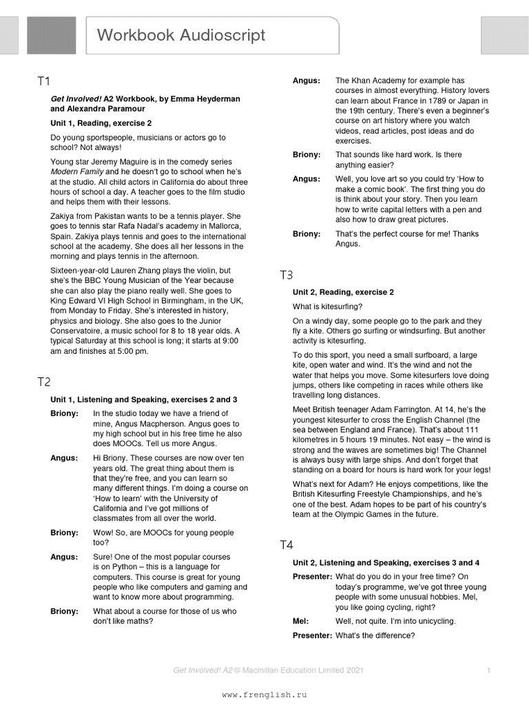 Get Involved A2 Workbook Audioscript | PDF