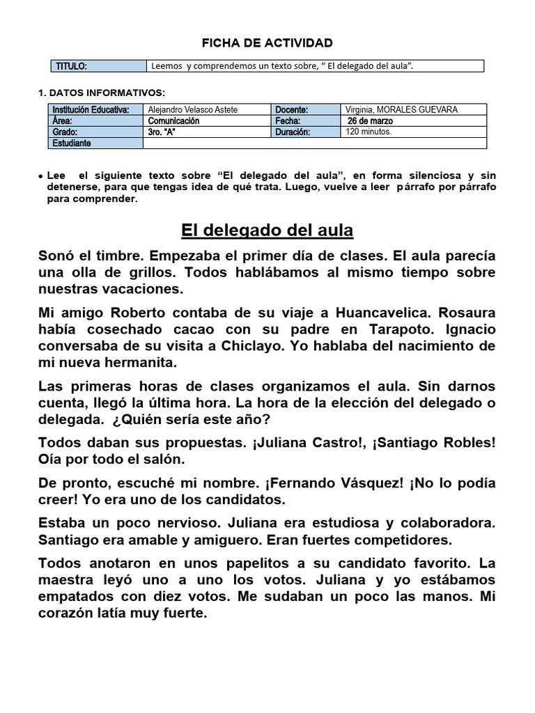 Ficha de Actividad - Comunicación - Leemos Un Texto - Martes 26 Marzo ...