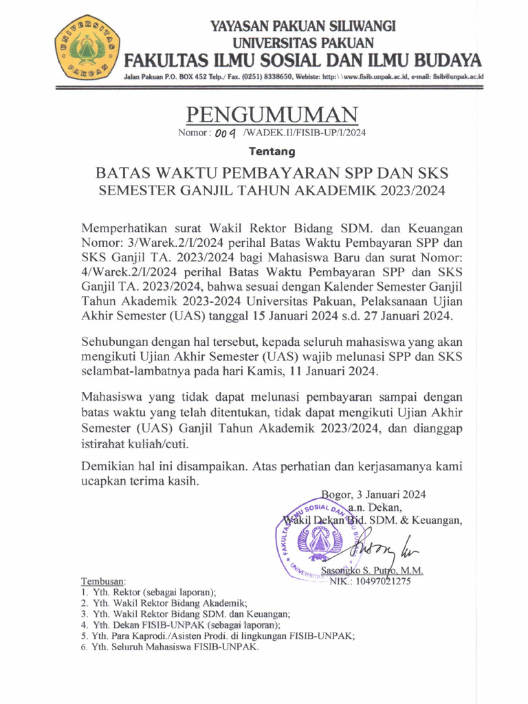 Edaran Batas Akhir Waktu Pembayaran SPP Dan Sks SMT Ganjil Ta 2023-2024 | PDF