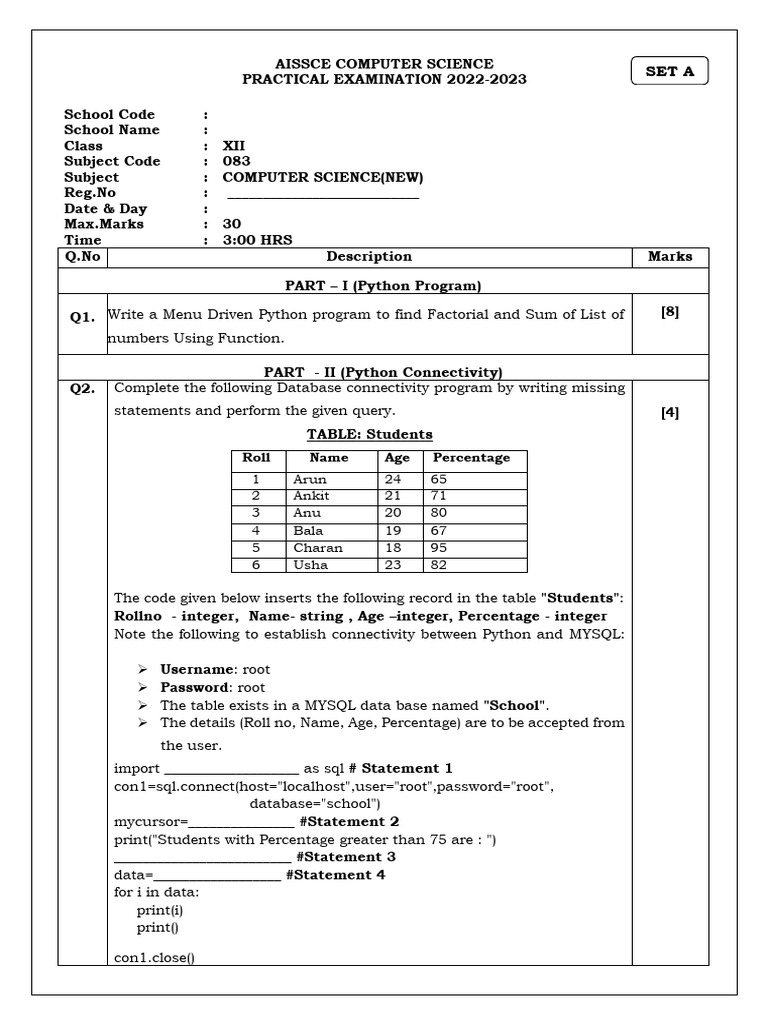 Class 12 CS Practical QP 2023 | PDF | Databases | Sql